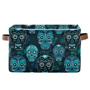 dead day sugar skull rectangular storage bin basket with handles - nursery storage, laundry hamper, book bag, gift baskets