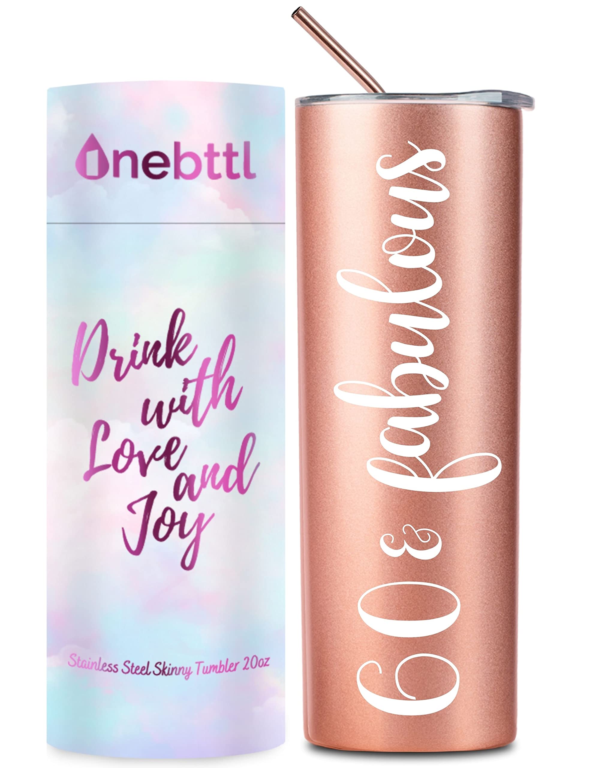 Onebttl 60th Birthday Gifts for Women, 60 & Fabulous, 60th Birthday Gift Idea for Women, 60th Bday Gifts, Stainless Steel Tumbler 20Oz - Rose Gold