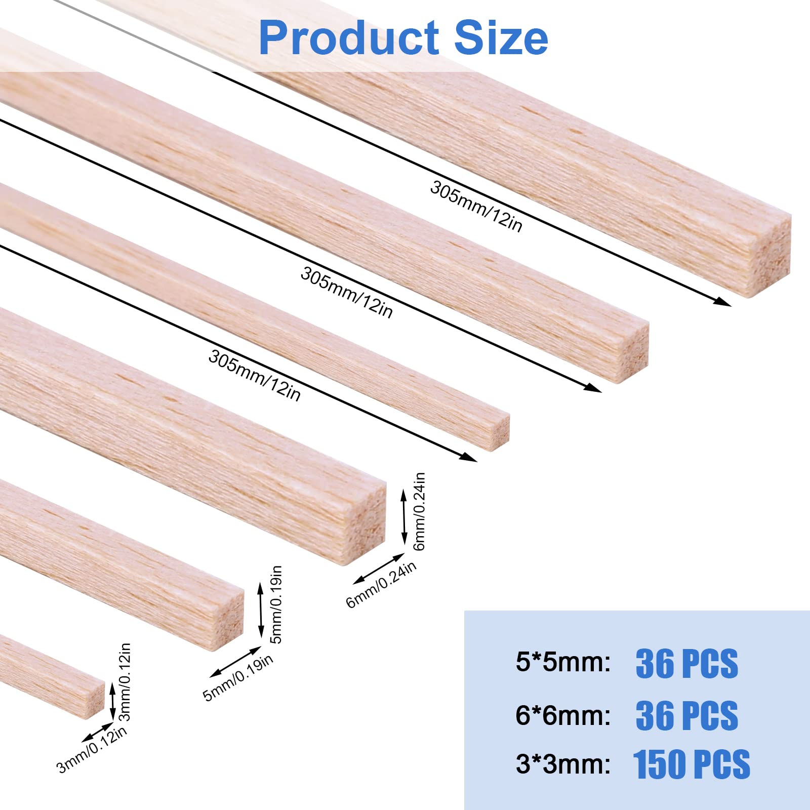 222 Pieces Wood Strips Balsa Square Wooden Dowels 1/8 Inch, 3/16 Inch, 1/4 Inch, Square Dowel Rods 12 Inch Hardwood Unfinished Wood Sticks for Crafts DIY Projects Models Making Supplies