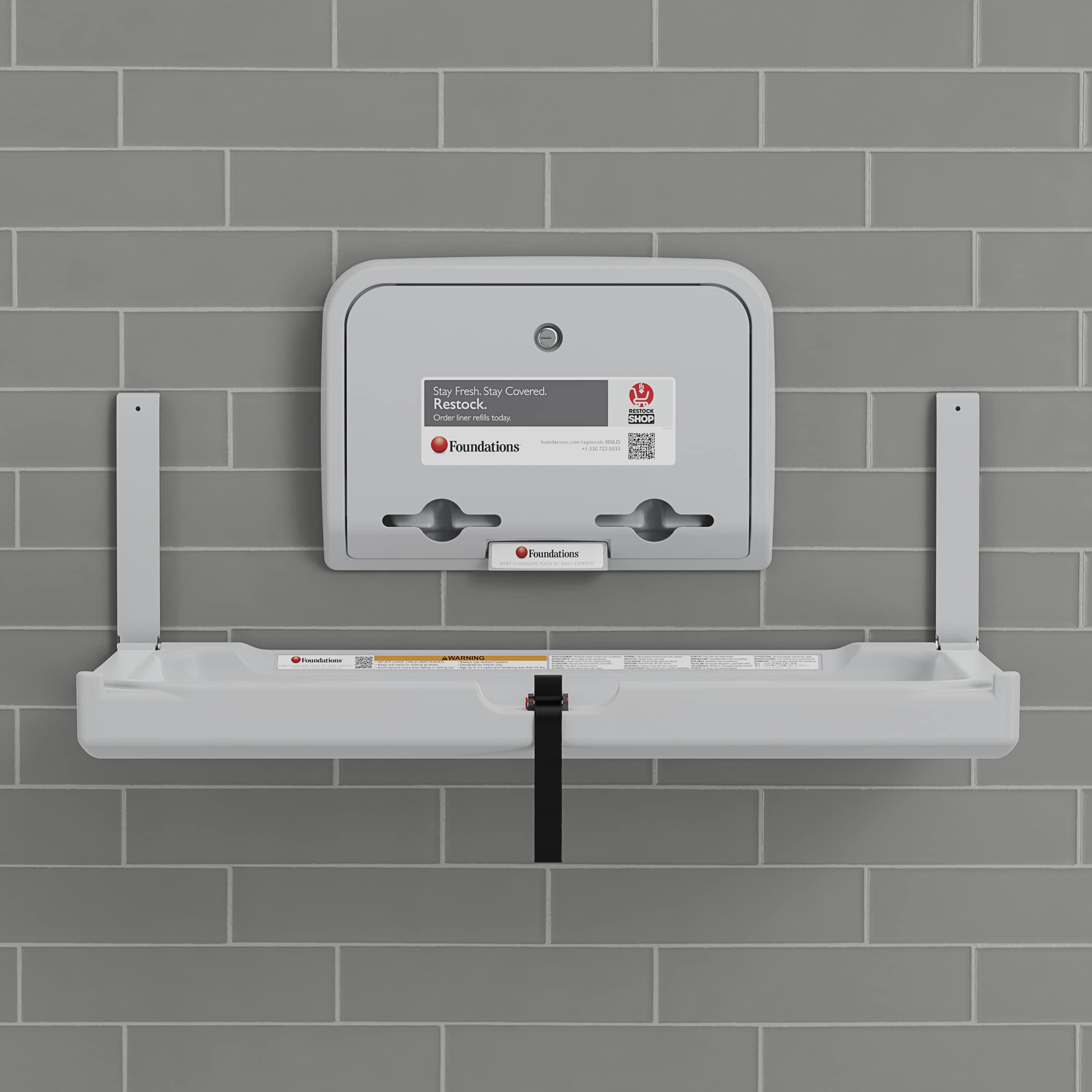 Foundations Elements Horizontal Wall Mounted Baby Changing Station and Liner Dispenser for Commercial Restrooms, Easy to Install, Meets All Safety Standards in USA, Canada & Europe (Gray)