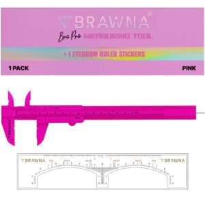 brawna 1 pc brow pro measuring tool with 1 eyebrow ruler sticker - double scale eyebrow ruler for microblading - eyebrow mapping - caliper vernier - pmu supplies - eyebrow calipers ruler plastic- pink