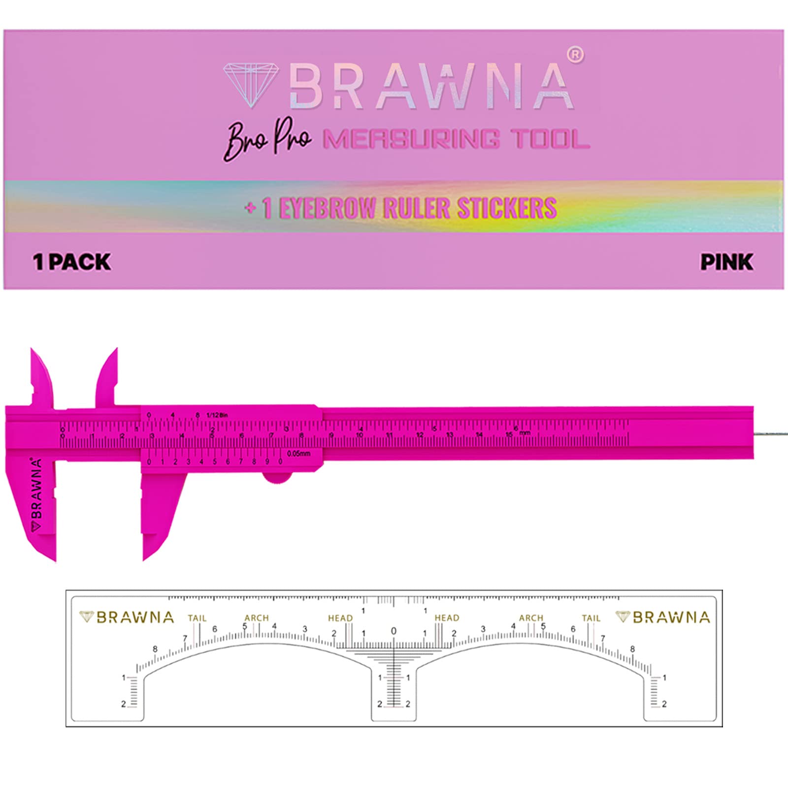 BRAWNA 1 Pc Brow Pro Measuring Tool with 1 Eyebrow Ruler Sticker - Double Scale Eyebrow Ruler for Microblading - Eyebrow Mapping - Caliper Vernier - PMU Supplies - Eyebrow Calipers Ruler Plastic- Pink