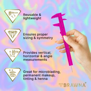 BRAWNA 1 Pc Brow Pro Measuring Tool with 1 Eyebrow Ruler Sticker - Double Scale Eyebrow Ruler for Microblading - Eyebrow Mapping - Caliper Vernier - PMU Supplies - Eyebrow Calipers Ruler Plastic- Pink