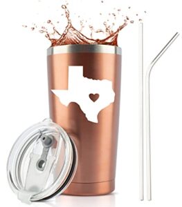 jenvio texas gifts | stainless steel travel tumbler | with 2 lids 2 straws and gift box | themed state decor for women husband sister girlfriend valentine's day gift (20 ounce rose gold)