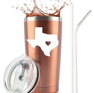 JENVIO Texas Gifts | Stainless Steel Travel Tumbler | with 2 Lids 2 Straws and Gift Box | Themed State Decor for Women Husband Sister Girlfriend Valentine's Day Gift (20 Ounce Rose Gold)