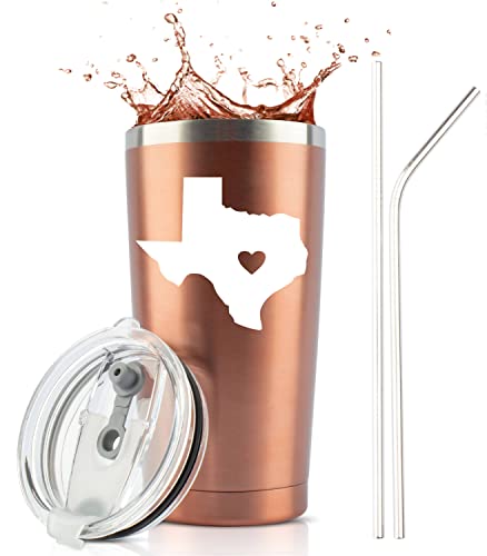 JENVIO Texas Gifts | Stainless Steel Travel Tumbler | with 2 Lids 2 Straws and Gift Box | Themed State Decor for Women Husband Sister Girlfriend Valentine's Day Gift (20 Ounce Rose Gold)