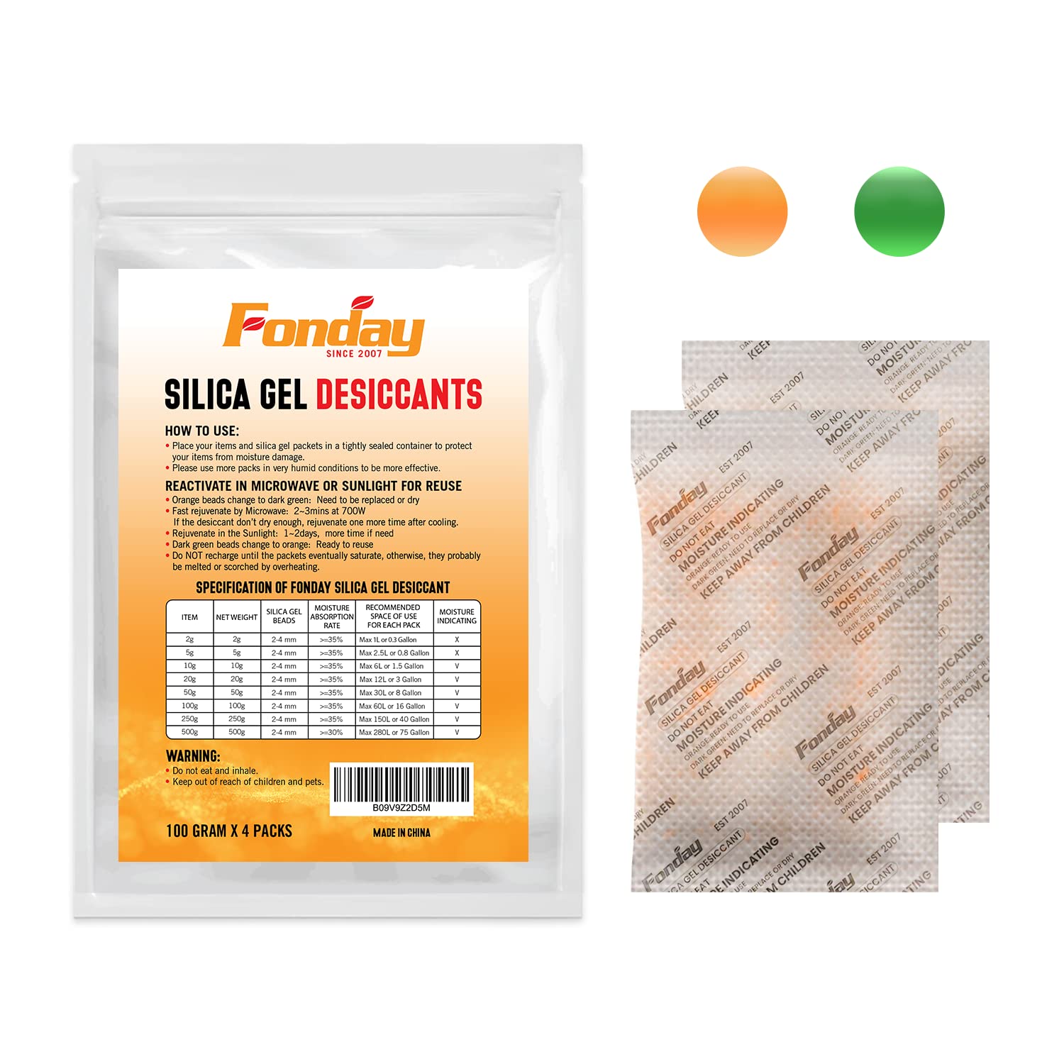 100Gram [4 Packets] Fonday Rechargeable Silica Gel Desiccant Packets Food Grade Fast Reactivate Desiccant Bags Moisture Indicating Orange to Green