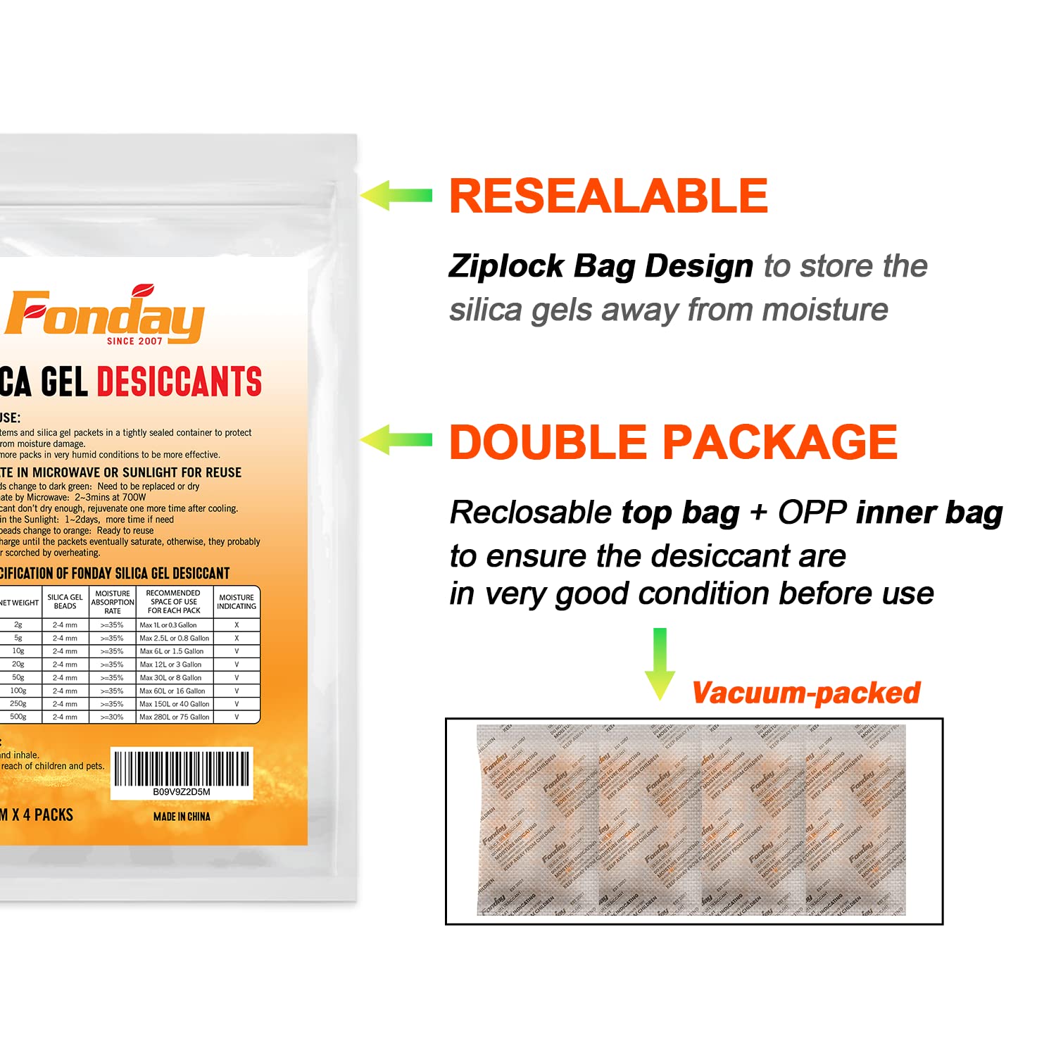 100Gram [4 Packets] Fonday Rechargeable Silica Gel Desiccant Packets Food Grade Fast Reactivate Desiccant Bags Moisture Indicating Orange to Green