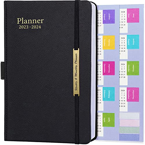 HONFERSM Planner 2023-2024 Academic Year 18 Months Daily Weekly and Monthly Planners Agenda Calendar Notebook with 18 Monthly Tabs,Elastic Closure and Back Pocket,Hardcover,A5 Size - Black