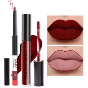 haoya 2 pcs matte dark red lip liner and lipstick makeup set, matte liquid lipstick 24h and with lip liner set kit waterproof long lasting labiales mate 24 horas originales matte larga duracion 24#15