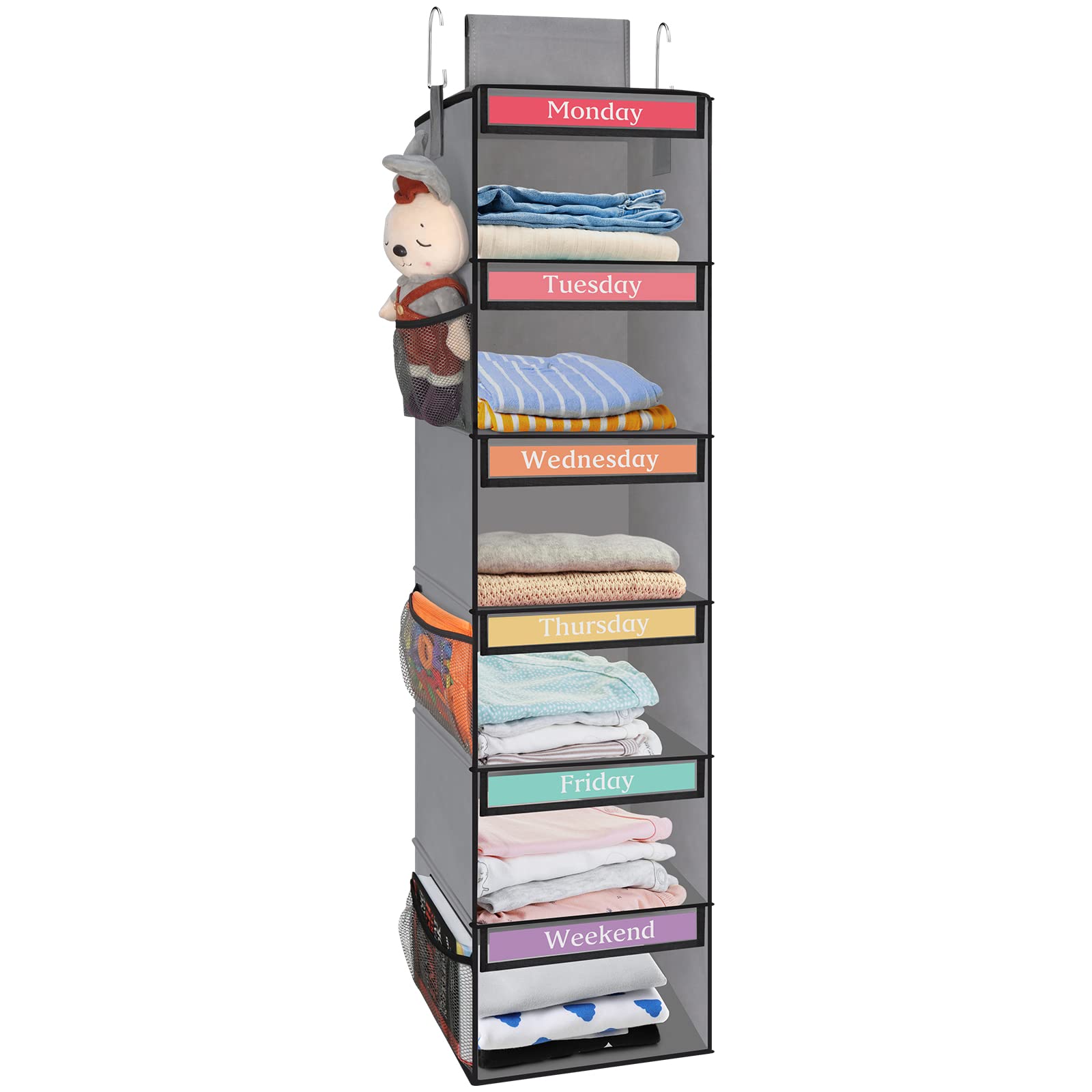 Fixwal 6-Shelf Weekly Hanging Closet Organizer for Kids with 6 Side Pockets, Weekday Kids Clothes Organizers Monday Through Friday Clothes Foldable Hanging Storage Shelves (Grey)