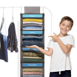 Fixwal 6-Shelf Weekly Hanging Closet Organizer for Kids with 6 Side Pockets, Weekday Kids Clothes Organizers Monday Through Friday Clothes Foldable Hanging Storage Shelves (Grey)