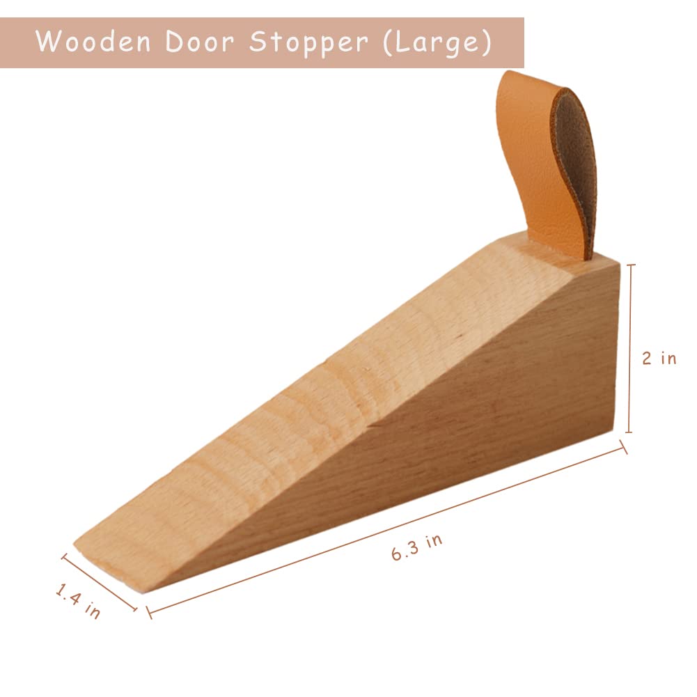 Large Wooden Door Stopper Non-Slip Security Wood Door Wedge with Leather Strap for Hanging Door Stopper 1Pack, in House Bedroom Office Living Room Hotel Cabin (Large)