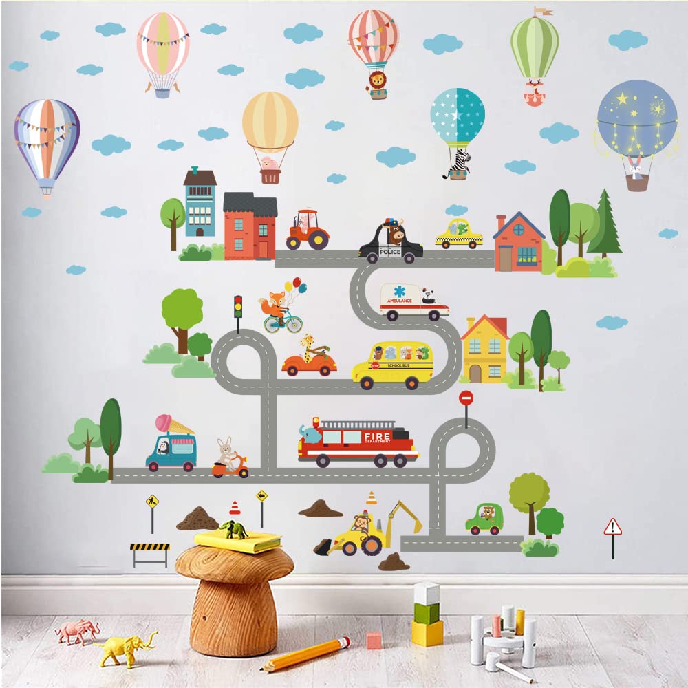 Supzone Car Road Wall Stickers City Transportation Wall Decal Hot Air Balloon Vehicles Wall Sticker for Kids Boys' Baby Nursery Bedroom Playroom Living Room Classroom Wall Decor