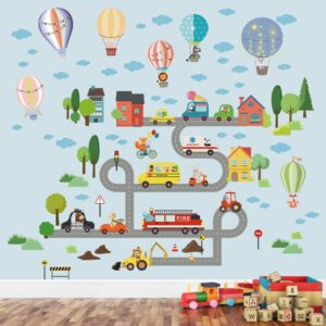 Supzone Car Road Wall Stickers City Transportation Wall Decal Hot Air Balloon Vehicles Wall Sticker for Kids Boys' Baby Nursery Bedroom Playroom Living Room Classroom Wall Decor