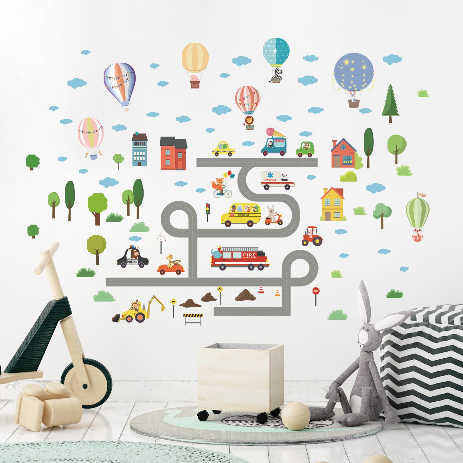 Supzone Car Road Wall Stickers City Transportation Wall Decal Hot Air Balloon Vehicles Wall Sticker for Kids Boys' Baby Nursery Bedroom Playroom Living Room Classroom Wall Decor