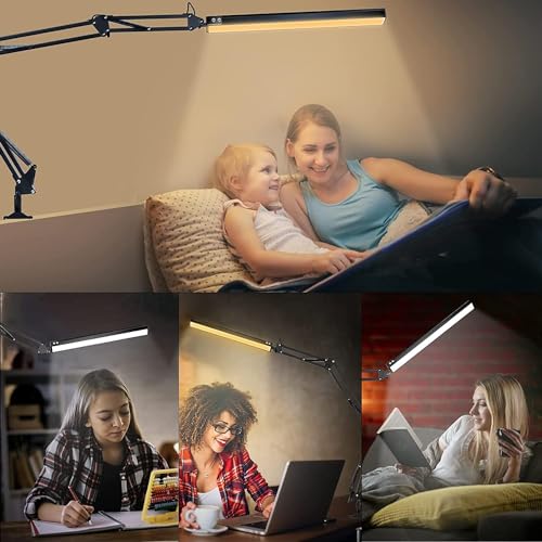 NOEVSBIG LED Desk Lamp with Clamp,2-in-1 Clamp on Desk Lamp with Base,50.7" Adjustable Swing Arm Architect Desk Lamp,Memory Function Desk Lights for Home Office,Workbench,Reading,Craft,Drafting