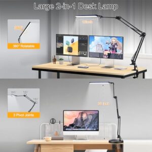 NOEVSBIG LED Desk Lamp with Clamp,2-in-1 Clamp on Desk Lamp with Base,50.7" Adjustable Swing Arm Architect Desk Lamp,Memory Function Desk Lights for Home Office,Workbench,Reading,Craft,Drafting