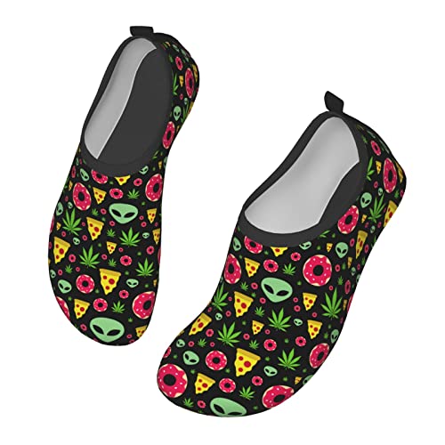 Marijuana Leafs Pizza and Aliens Print Water Shoes for Womens Mens Non-Slip Barefoot Shoes Quick-Dry Beach Swim Shoes Black