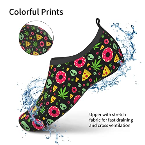 Marijuana Leafs Pizza and Aliens Print Water Shoes for Womens Mens Non-Slip Barefoot Shoes Quick-Dry Beach Swim Shoes Black