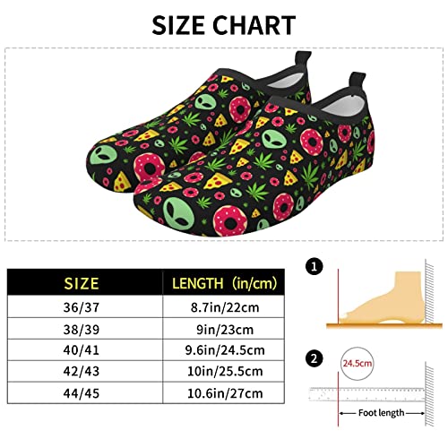 Marijuana Leafs Pizza and Aliens Print Water Shoes for Womens Mens Non-Slip Barefoot Shoes Quick-Dry Beach Swim Shoes Black