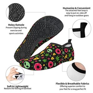 Marijuana Leafs Pizza and Aliens Print Water Shoes for Womens Mens Non-Slip Barefoot Shoes Quick-Dry Beach Swim Shoes Black