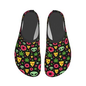 Marijuana Leafs Pizza and Aliens Print Water Shoes for Womens Mens Non-Slip Barefoot Shoes Quick-Dry Beach Swim Shoes Black