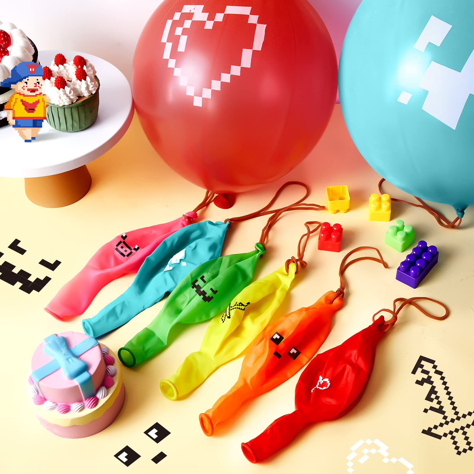 30 Pcs Pixelated Punch Balloons Colorful Latex Punch Ball Miner Video Game Party Favors Bounce Balloons with Rubber Band Handle for Birthday Party