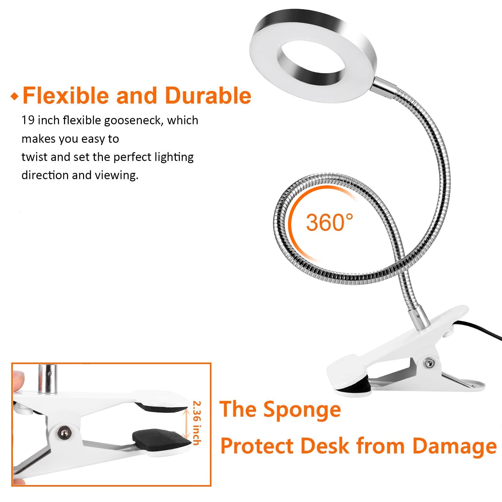 Clip on Light Reading Lights , 48 LED USB Desk Lamp with 3 Color Modes 10 Brightness, Eye Protection Book Clamp Light , 360 ° Flexible Gooseneck Clamp Lamp for Desk Headboard and Video Conferencing