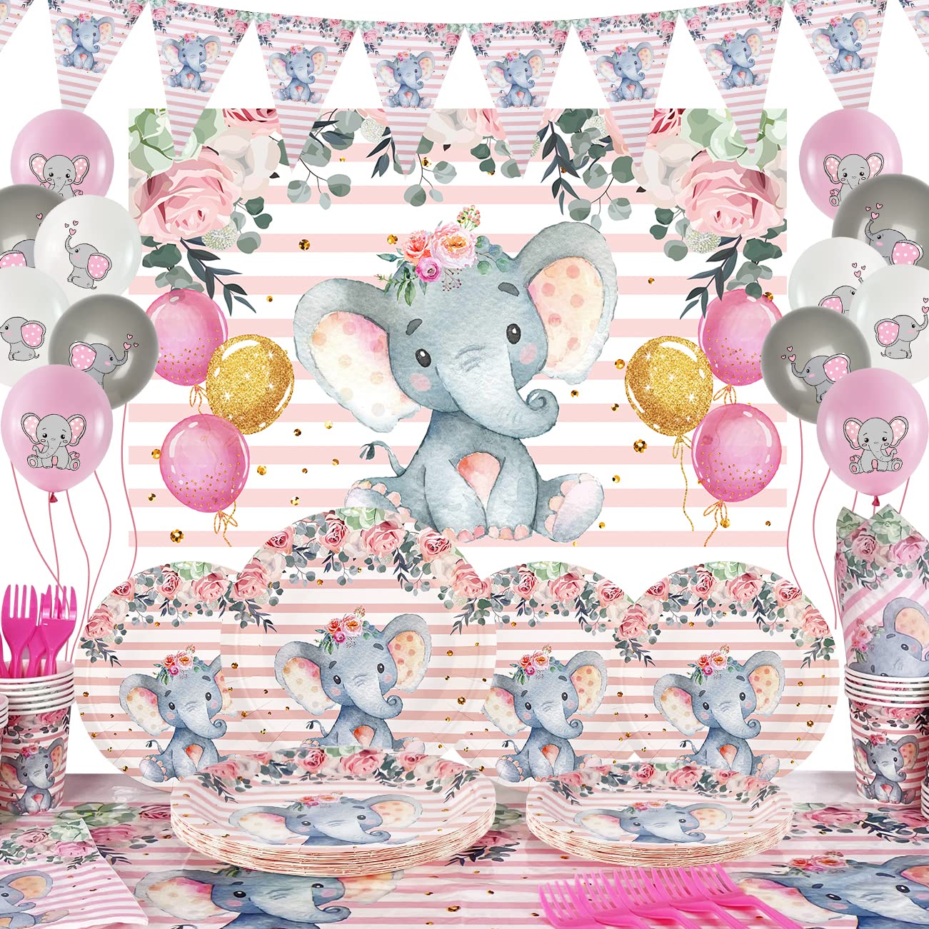 Elephant Baby Shower Decorations for Girl, Elephant Theme Tablecloths, Balloons, Backdrop, Banner, Plates, Napkins, Paper Cups, Forks for Birthday Party Decorations| Pink Grey White