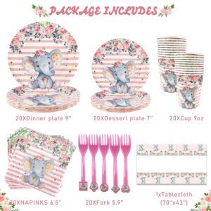 Elephant Baby Shower Decorations for Girl, Elephant Theme Tablecloths, Balloons, Backdrop, Banner, Plates, Napkins, Paper Cups, Forks for Birthday Party Decorations| Pink Grey White