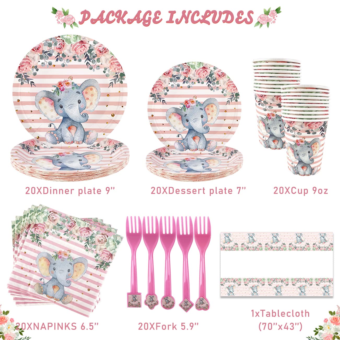 Elephant Baby Shower Decorations for Girl, Elephant Theme Tablecloths, Balloons, Backdrop, Banner, Plates, Napkins, Paper Cups, Forks for Birthday Party Decorations| Pink Grey White