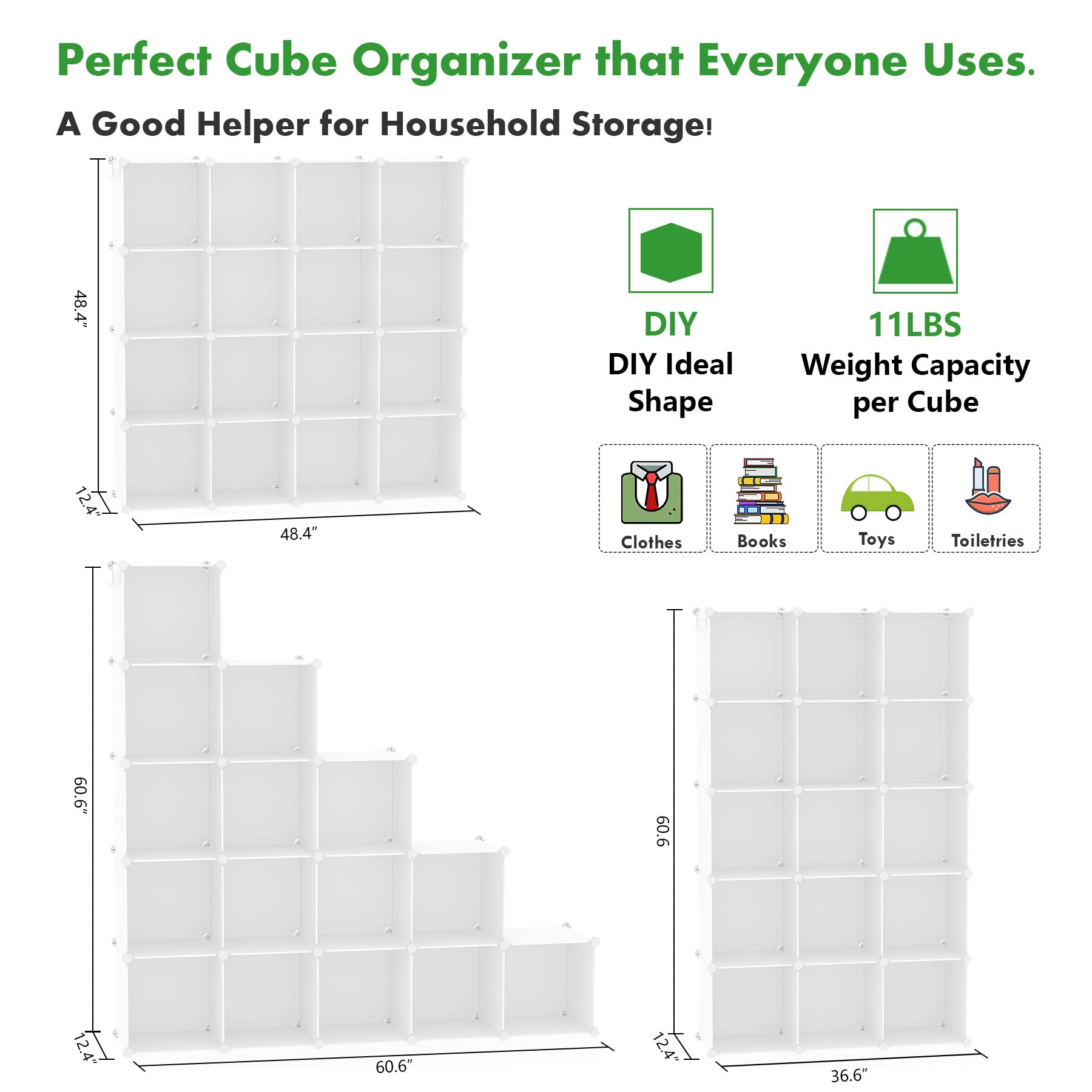 C&AHOME Cube Storage Organizer, 16-Cube Shelves Units, Closet Cabinet, DIY Plastic Modular Book Shelf, Ideal for Bedroom, Living Room, Office, 48.4" L x 12.4" W x 48.4" H Milky UPCS16M