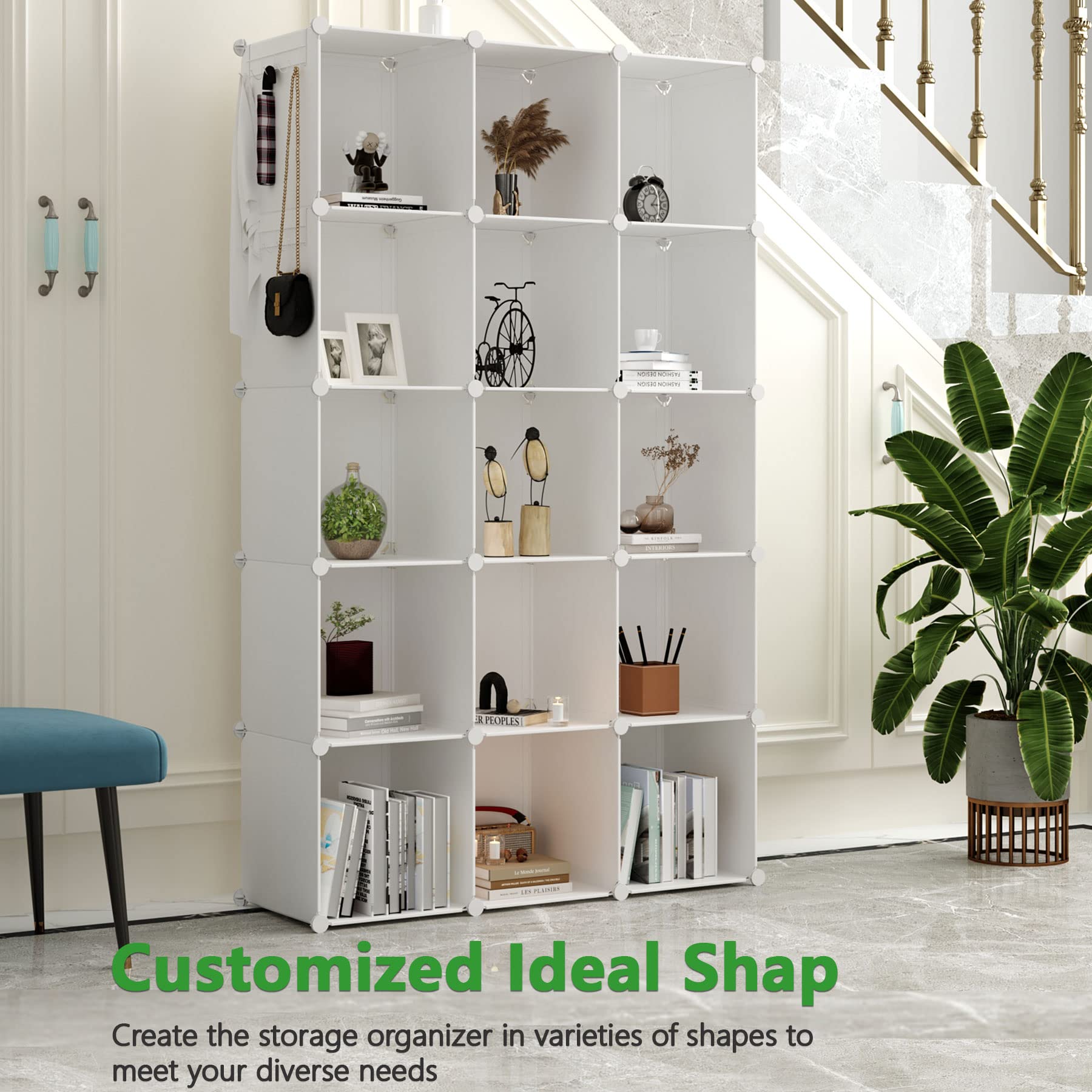 C&AHOME Cube Storage Organizer, 16-Cube Shelves Units, Closet Cabinet, DIY Plastic Modular Book Shelf, Ideal for Bedroom, Living Room, Office, 48.4" L x 12.4" W x 48.4" H Milky UPCS16M