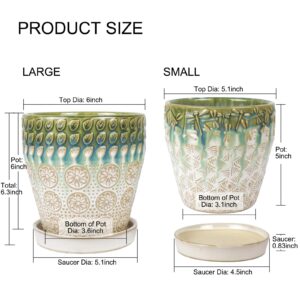 YQSLYSF 6 Inch + 5 Inch Ceramic Planter with Drainage Hole and Saucer for Plants, Indoor-Outdoor Round Succulent Orchid Garden Flower Pot - Set of 2