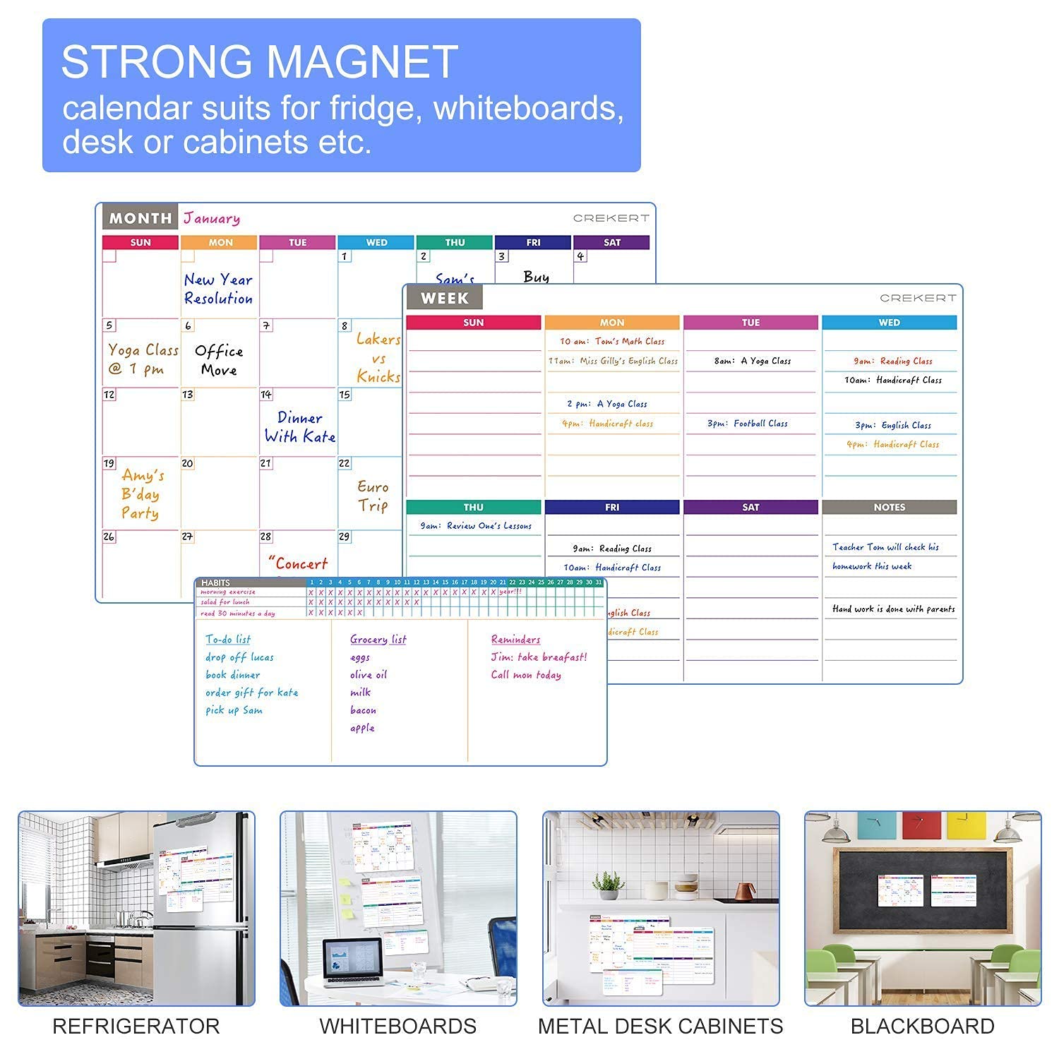 CREKERT Magnetic Calendar Whiteboard for Fridge Dry Erase Whiteboard Set of 3 for Kitchen Refrigerator Monthly Weekly Family Planning Whiteboard with 6 Magnets 4 Markers 1 Eraser (Gift Box)