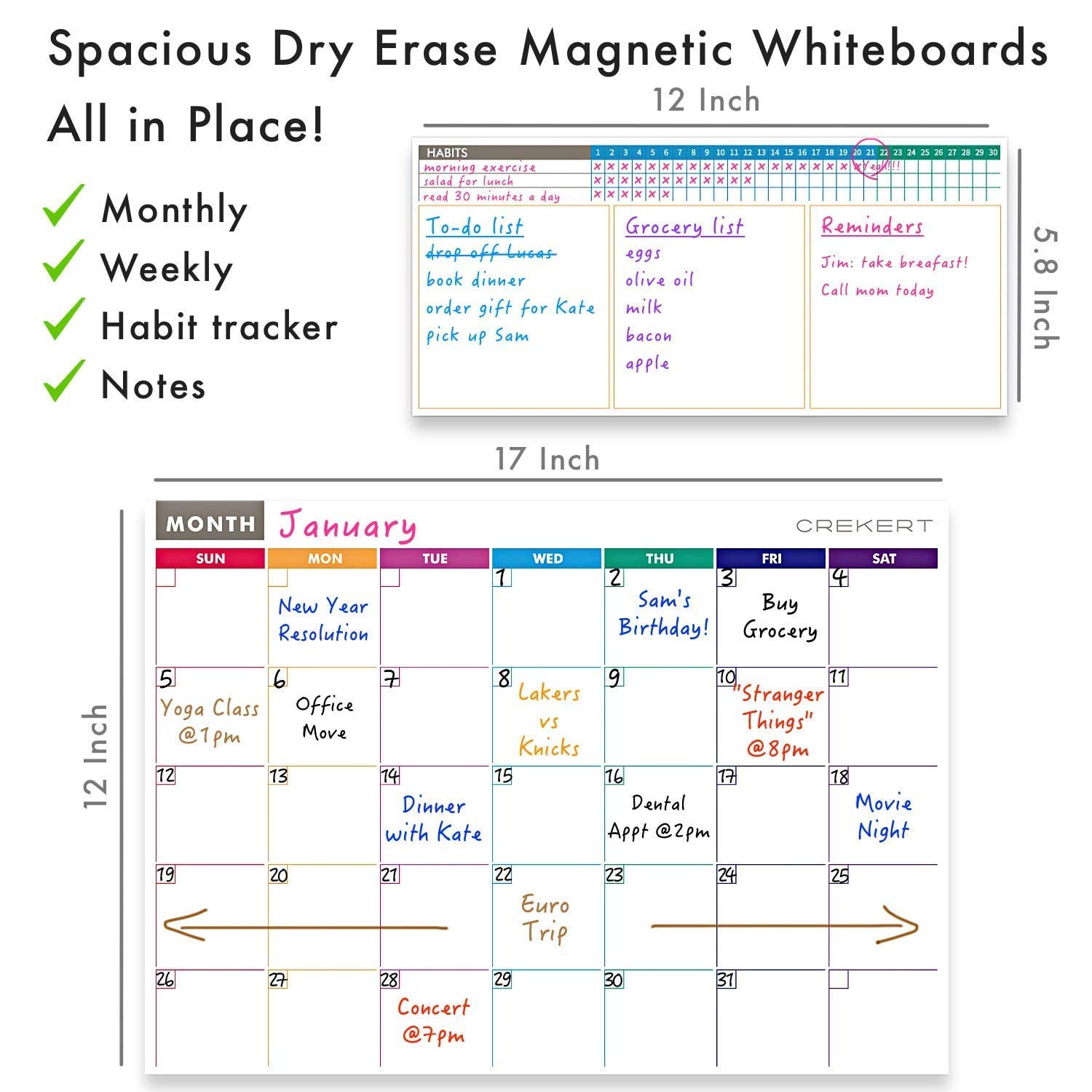 CREKERT Magnetic Calendar Whiteboard for Fridge Dry Erase Whiteboard Set of 3 for Kitchen Refrigerator Monthly Weekly Family Planning Whiteboard with 6 Magnets 4 Markers 1 Eraser (Gift Box)