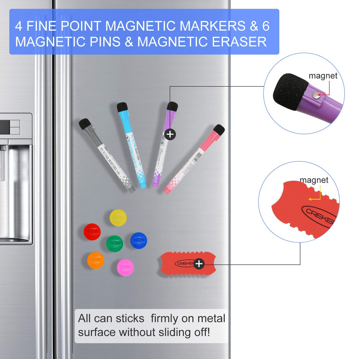 CREKERT Magnetic Calendar Whiteboard for Fridge Dry Erase Whiteboard Set of 3 for Kitchen Refrigerator Monthly Weekly Family Planning Whiteboard with 6 Magnets 4 Markers 1 Eraser (Gift Box)