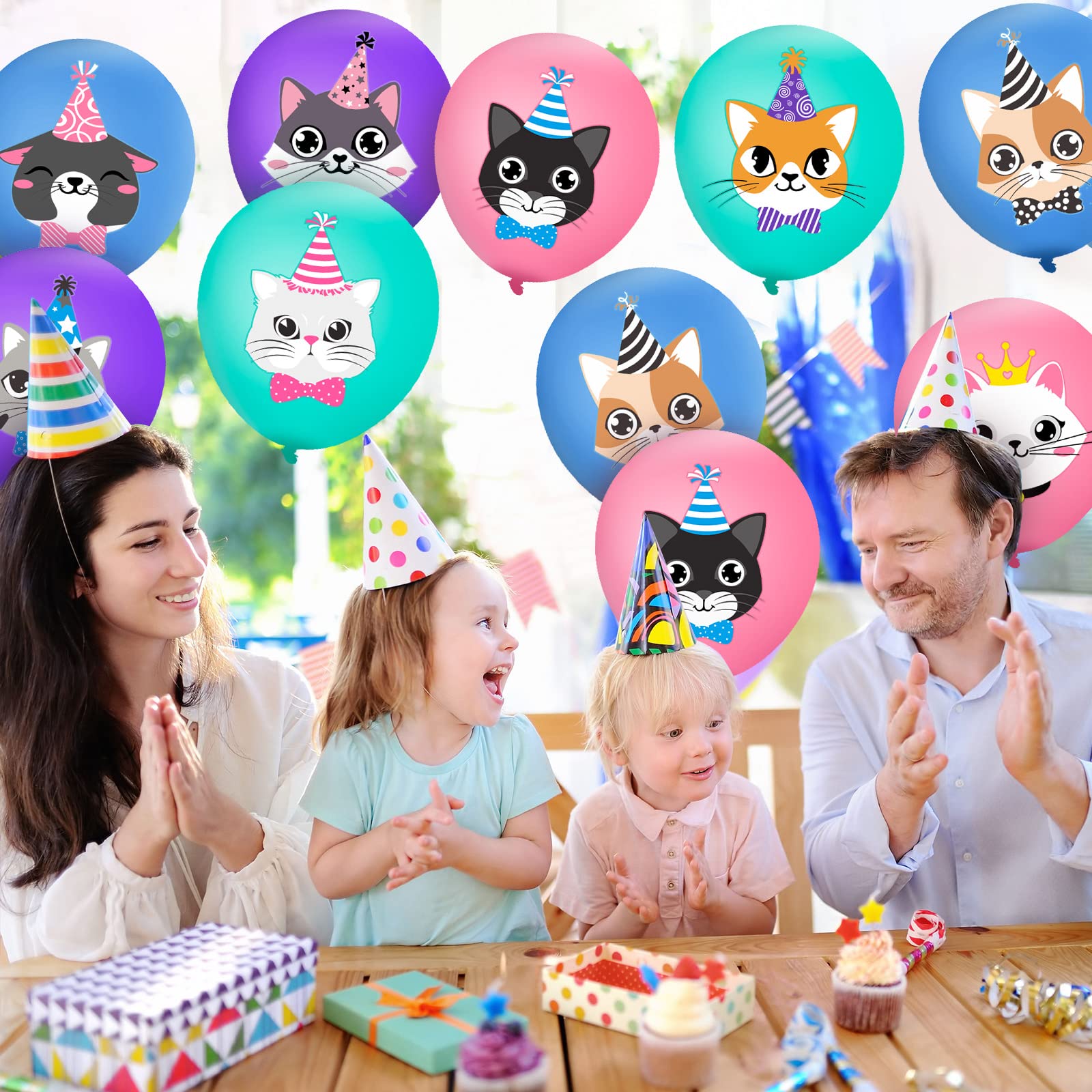 40 Pcs Cat Birthday Party Latex Balloons, Cute Cartoon Kitten Print Balloons Cat Party Decorations Animal Pet Birthday Party Supplies for Birthday Party Favors Decor, Blue Pink Purple and Green