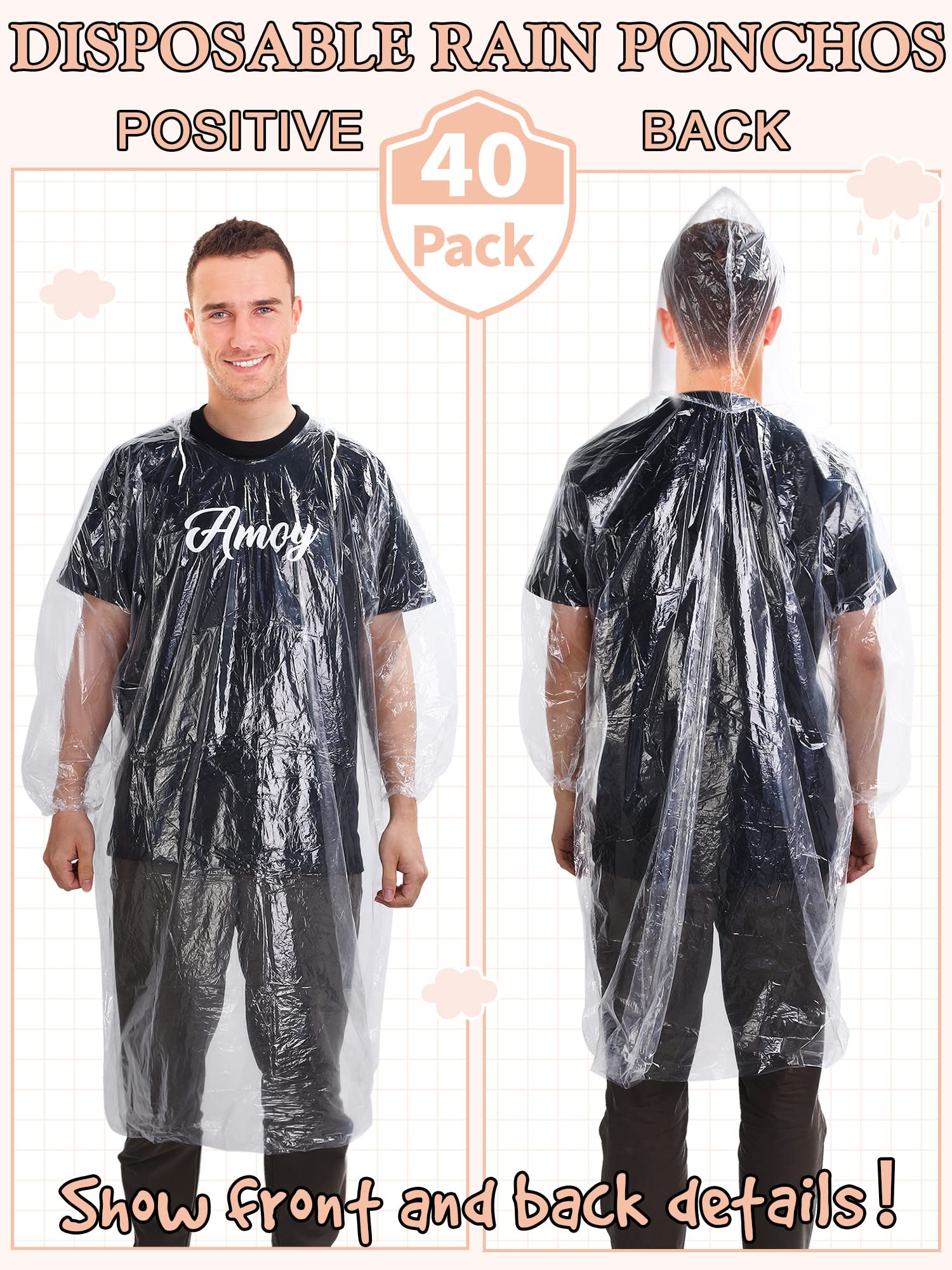 40 Pack Disposable Rain Ponchos for Adults Disposable Ponchos Pack with Drawstring Hood Elastic Sleeves Raincoat for Camping (Clear White)