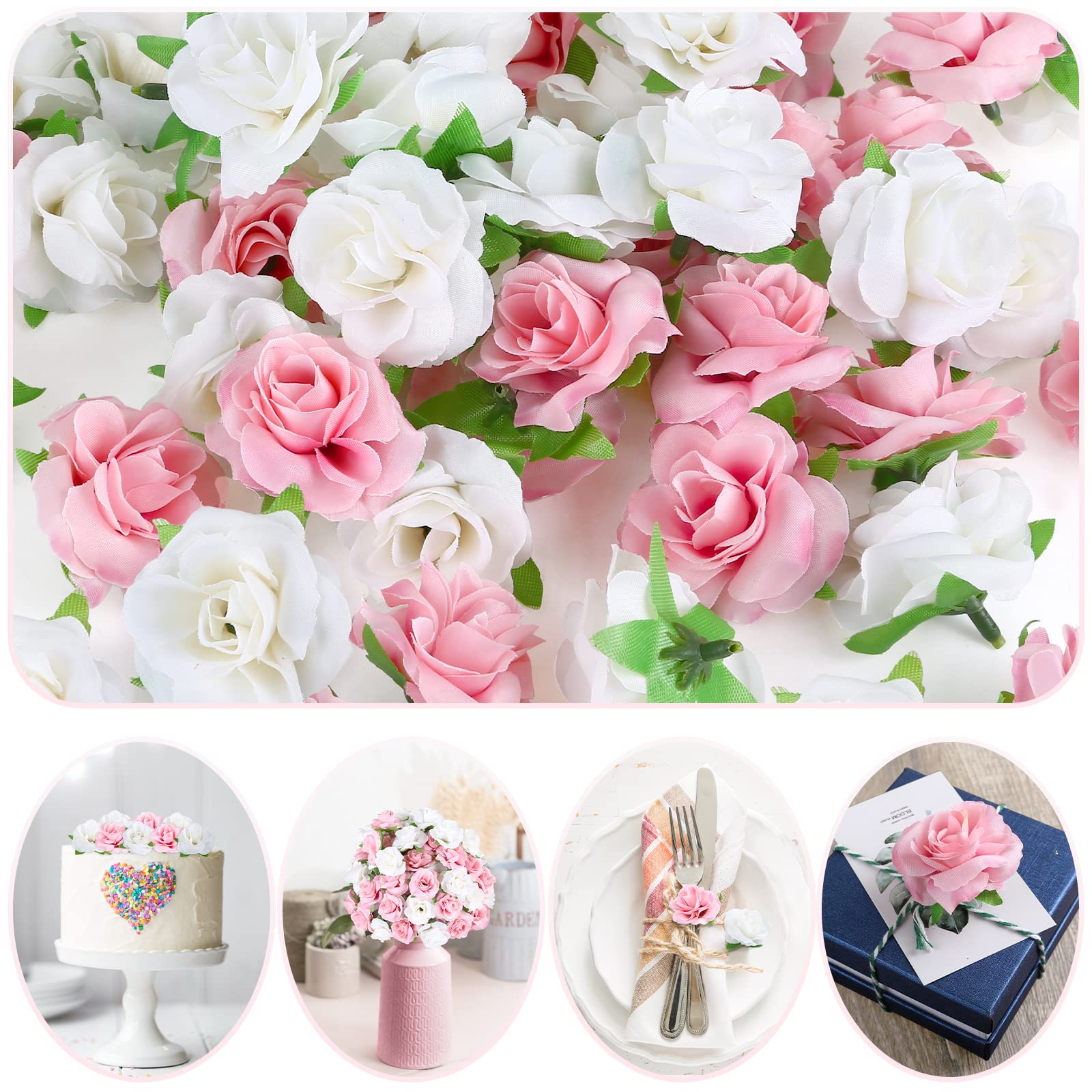 Yinsun 50pcs Mini Rose Artificial Flower Heads, 1.6” Real Looking Silk Rose for DIY Wedding Bouquets Bridal Shower Baby Shower Party Decoration (White and Pink)