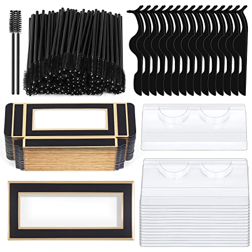 175 Pieces Lash Packaging Wholesale, Include 30 Empty Eyelashes Packaging Box, 30 False Lash Trays, 15 Eyelash Tweezers and 100 Eyelash Brush Mascara Wands Disposable (Black)