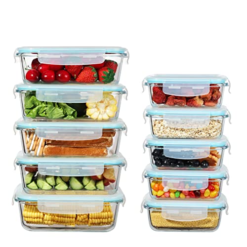 Yenwily Glass Food Storage Container with Lids, 10 sets Container big+small size, Microwave Dishwasher Refrigeration safety,Airtight, BPA Free, Meal Prep Containers for Kitchen, Home Use