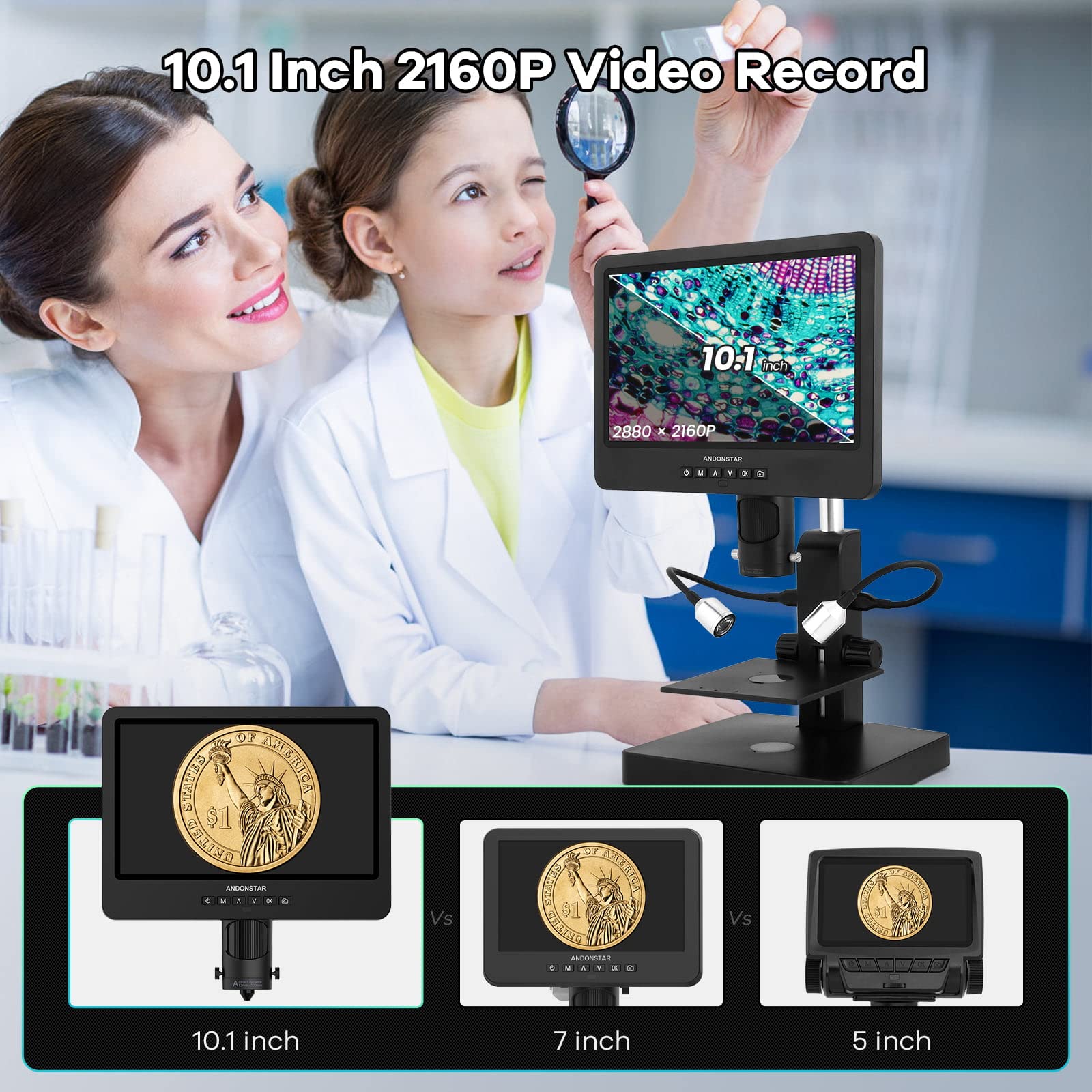 Andonstar AD249S-P 10.1 Inch HDMI Digital Microscope, 4000x 3 Lens 2160P UHD Video Record, Biological Microscope Kit for Adults and Kids, Coin Microscope for Error Coins, Prepared Slides, 32G SD Card