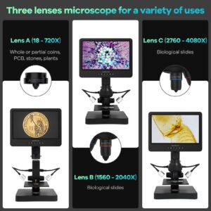 Andonstar AD249S-P 10.1 Inch HDMI Digital Microscope, 4000x 3 Lens 2160P UHD Video Record, Biological Microscope Kit for Adults and Kids, Coin Microscope for Error Coins, Prepared Slides, 32G SD Card