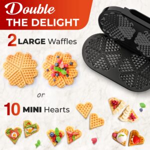 Mueller Double Heart Waffle Maker, Makes 10 Mini Hearts or 2 Large Waffles, 1200W Premium Performance, Double, Non-Stick Cooking Plates with Rapid Even Heating