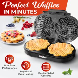 Mueller Double Heart Waffle Maker, Makes 10 Mini Hearts or 2 Large Waffles, 1200W Premium Performance, Double, Non-Stick Cooking Plates with Rapid Even Heating