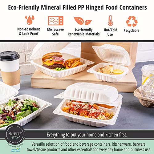 MULMEHË Eco-Friendly Mineral Filled Polypropylene Plastic Hinged Take Out Food Containers, 8x8x3, Vented Single Compartment, Natural White, 100 Pack