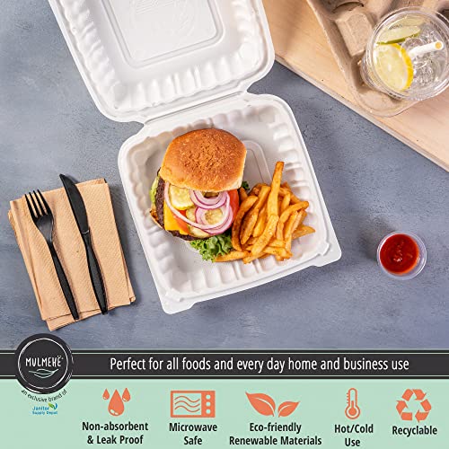 MULMEHË Eco-Friendly Mineral Filled Polypropylene Plastic Hinged Take Out Food Containers, 8x8x3, Vented Single Compartment, Natural White, 100 Pack