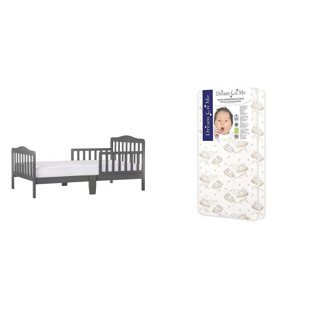 Dream On Me Classic Design Steel Grey Toddler Bed with Twilight Greenguard Gold Certified Spring Mattress